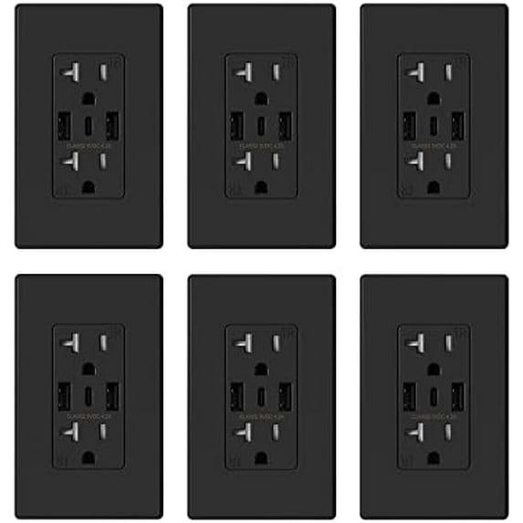 Wall Outlets, 3-Ports C Wall Outlets Receptacles, Matte Black 20 Amp ...