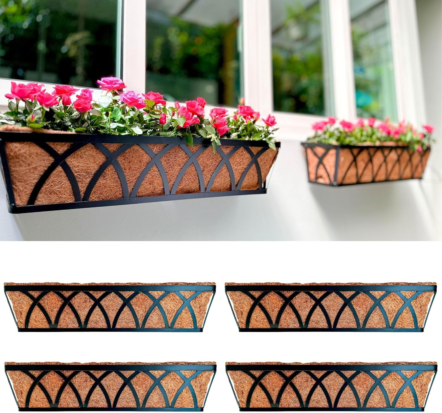 Wall Planters (4 Pack, 36 Inch) Black Metal Rectangular Hanging Flower ...