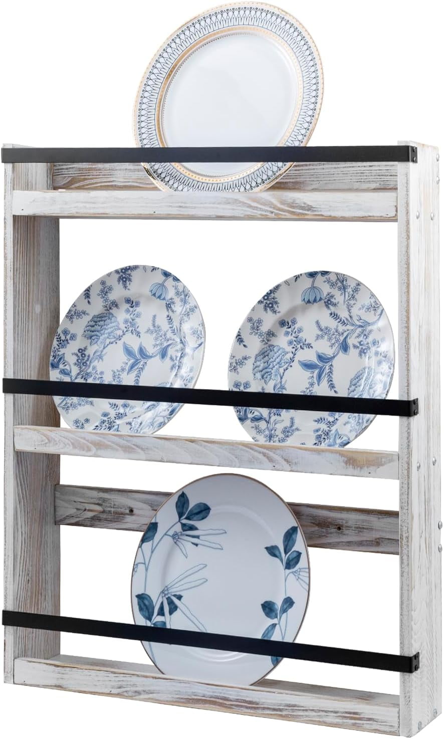 Wall Plate Display Rack, 3 Tier Farmhouse Whitewashed Wood Wall Mounted ...