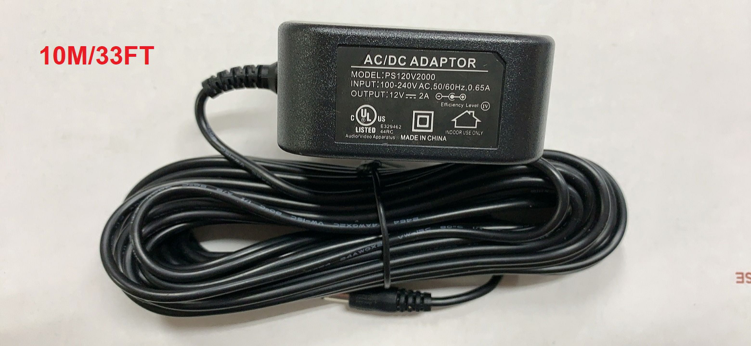 Wall Plug Extra Long 33 Foot Cord, 12 Volt 2A Power Adapter Supply AC ...