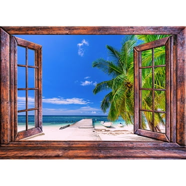 Ocean-Themed Tropical Island Photo Backdrop, Coconut Trees, Sea, Beach ...