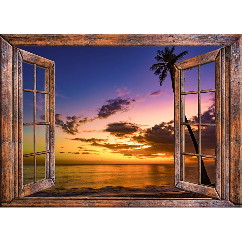 Wall Poster Open Window Sea Sunset Photography Backdrops Living Room ...