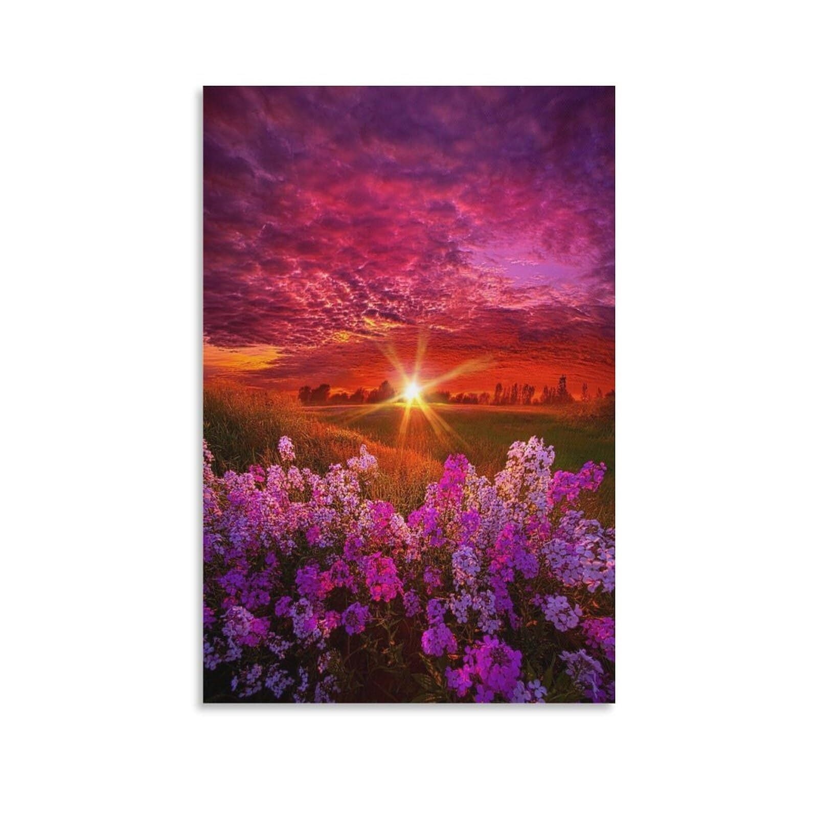 Wall Room Posters Field Sky Clouds And Flowers at Sunset Posters Canvas ...