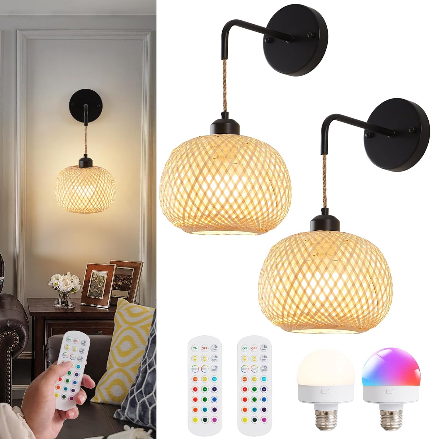 Wall Sconce Set of Two, Bamboo Rechargeable Wireless Sconces with ...