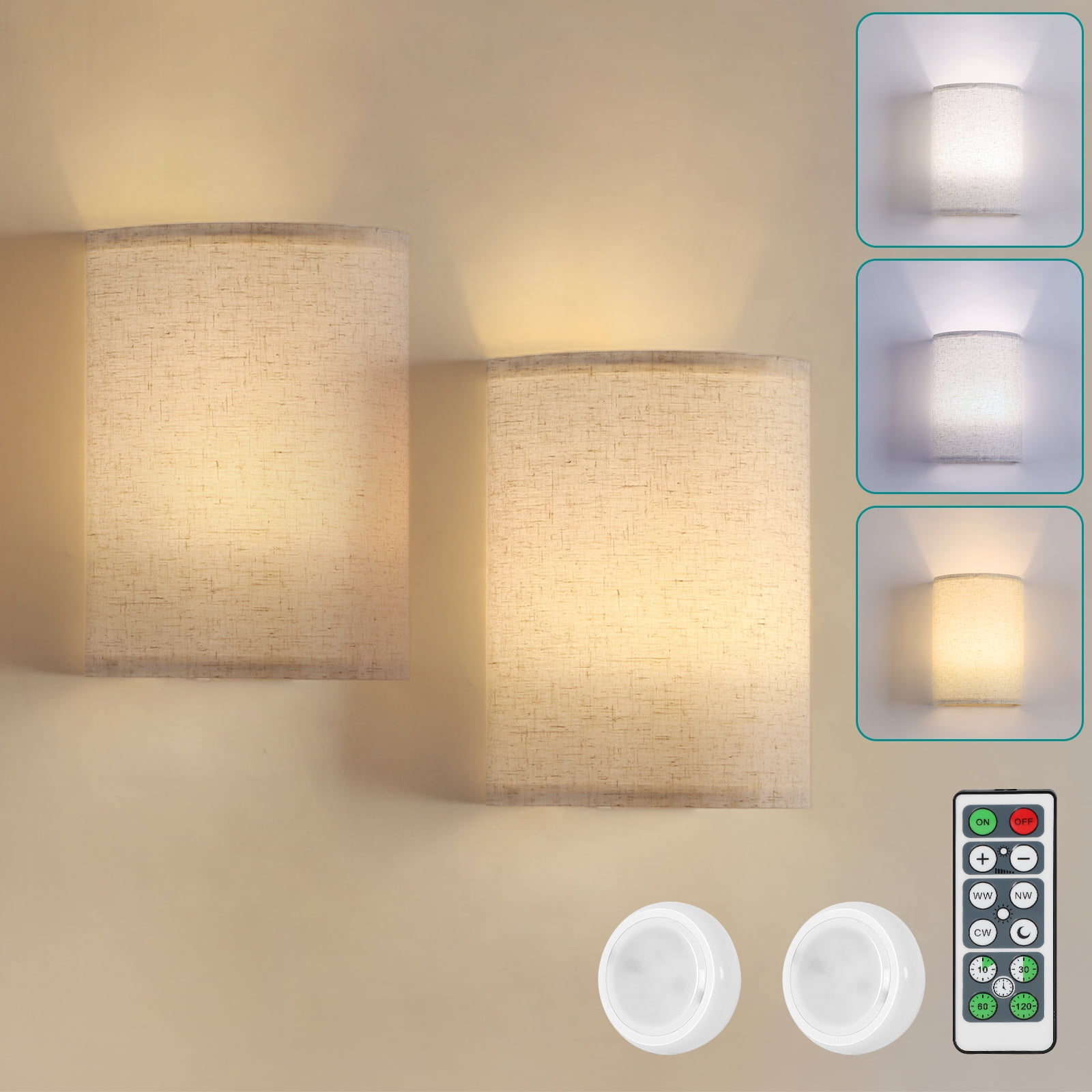 Wall Sconce Set of 2 Wireless Wall Light with Remote Control, 3 ...