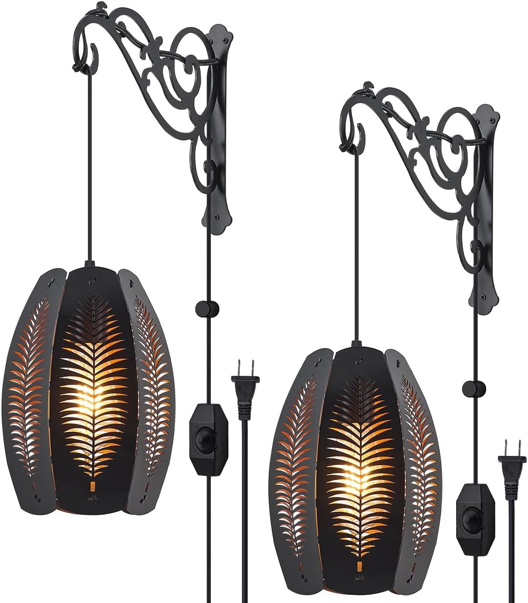 Wall Sconces Plug-in Set of Two Farmhouse Style Black Rustic Wall Lamps ...