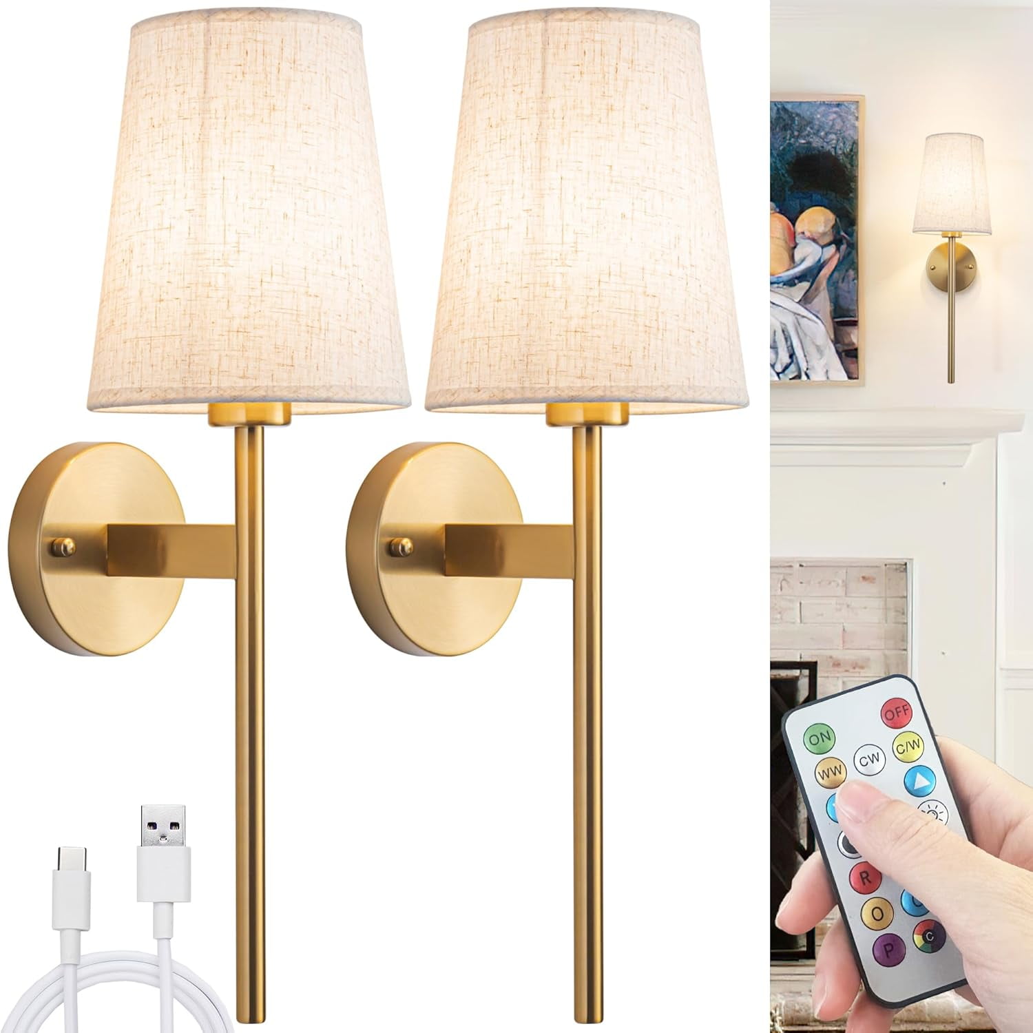 Wall Sconces Set of 2, Wireless Wall Sconce with Remote, Battery ...