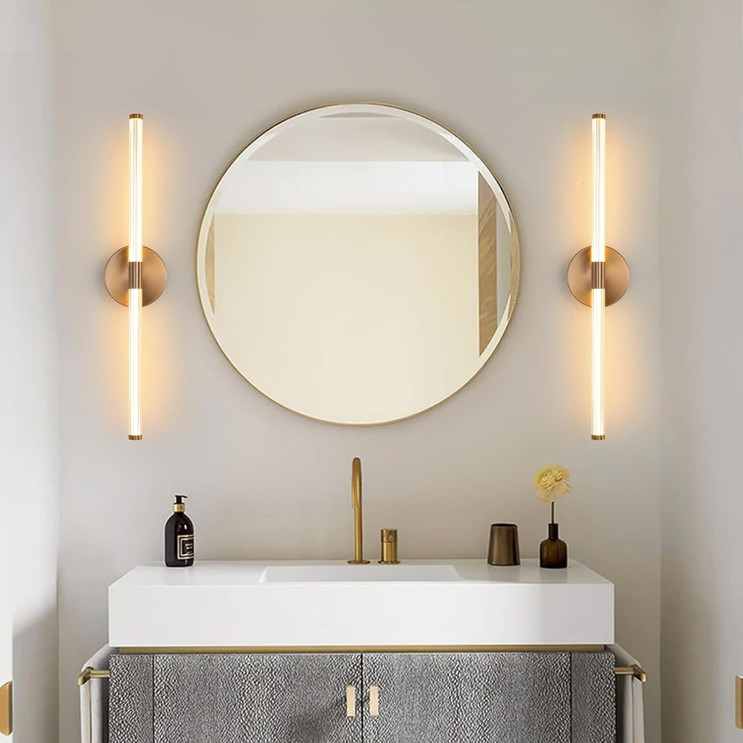 Wall Sconces Set of Two Brushed Brass Gold LED Wall Lights Modern ...
