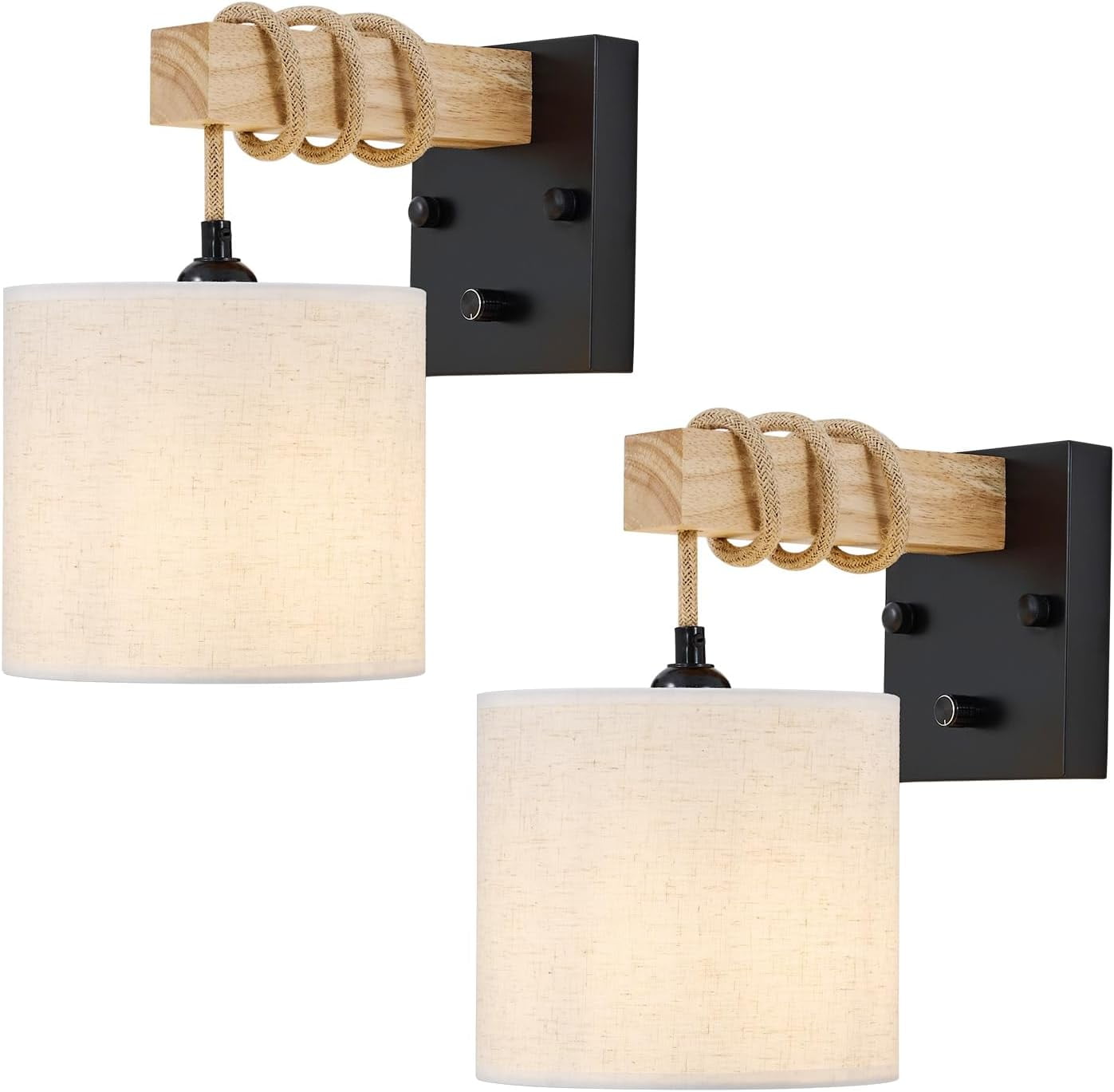Wall Sconces Set of Two, Hardwired Farmhouse Fabric Wall Lamps with Wooden Arm & On/Off Dimmable ...