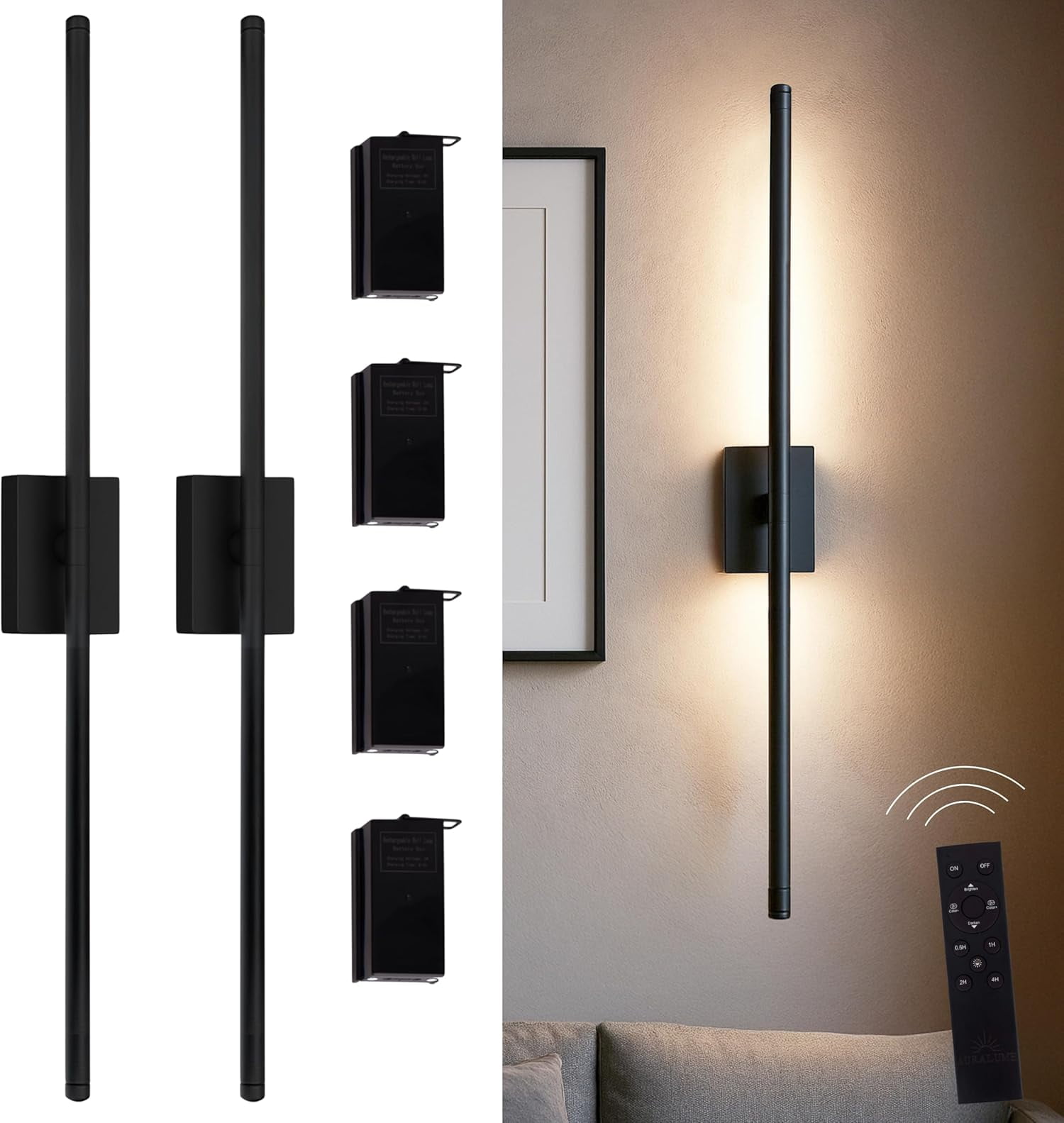 Wall Sconces Set of 2 with 4 Removable - Operated Lights with Remote ...