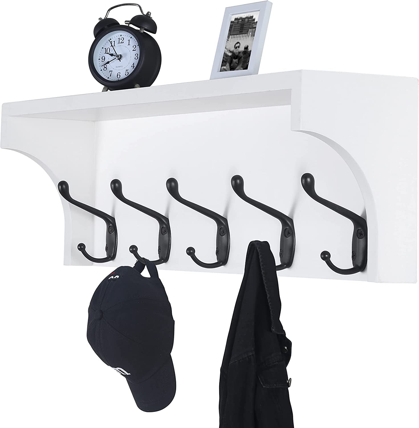 Wall Shelf with 5 Dual Hooks - 17-inch Heavy Duty Coat Rack Wall Mount ...