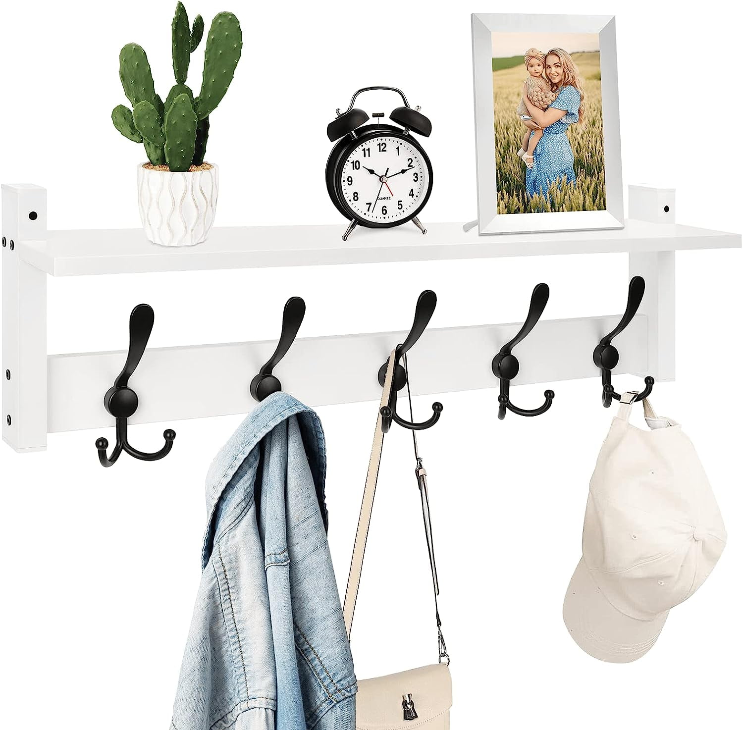 Wall Shelf with Hooks, 24 Inch Coat Rack with Shelf, Farmhouse Entryway ...