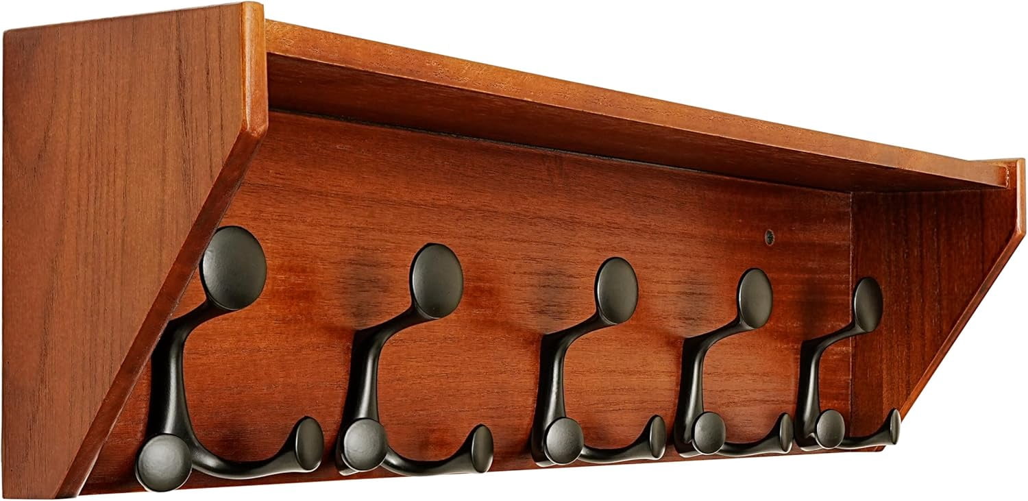 Wall Shelf with Hooks, 24-Inch Weathered Brown Coat Rack Wall Mount ...