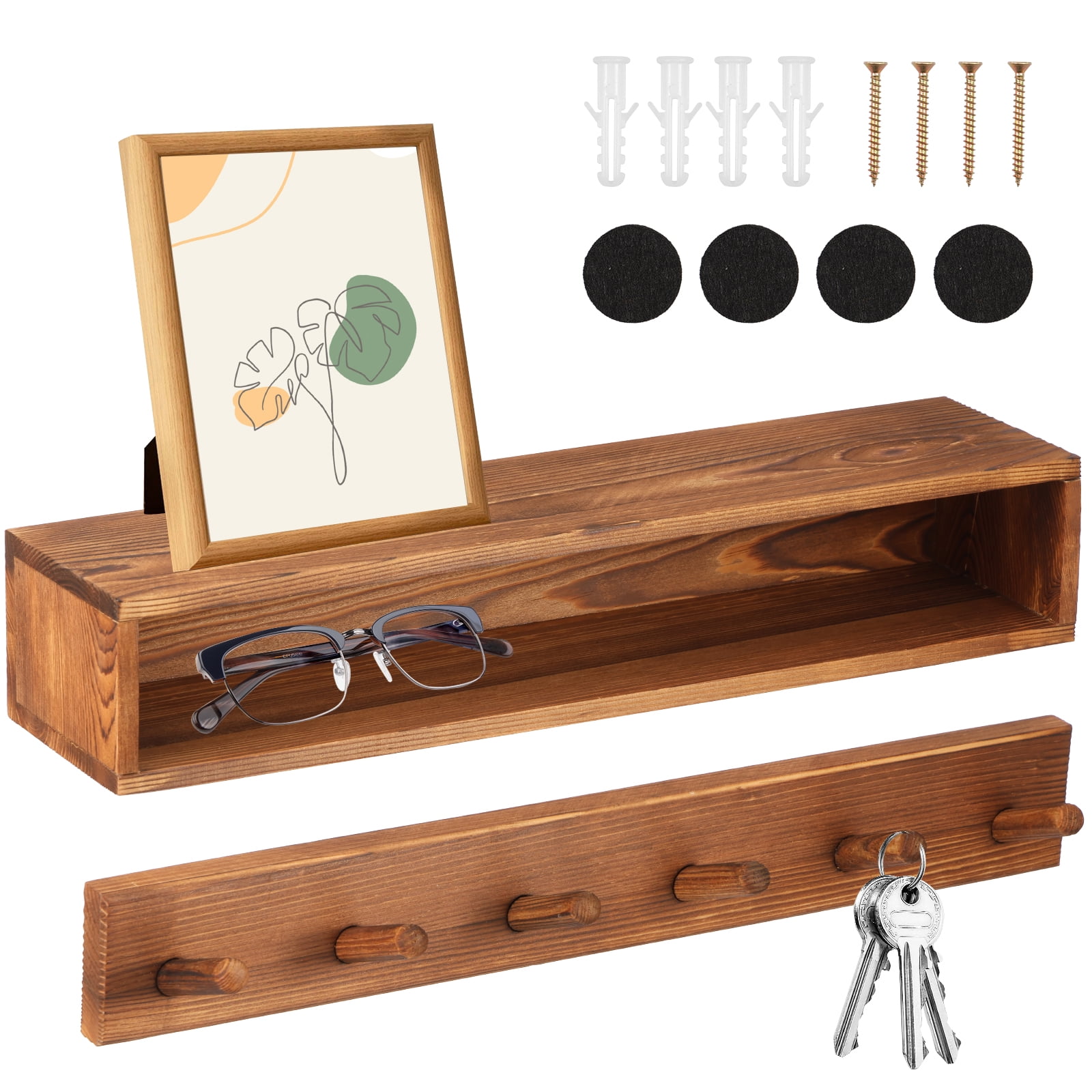 Wall Shelf with Hooks Sturdy Wood Entryway Wall Shelf with 6 Hooks Wall ...