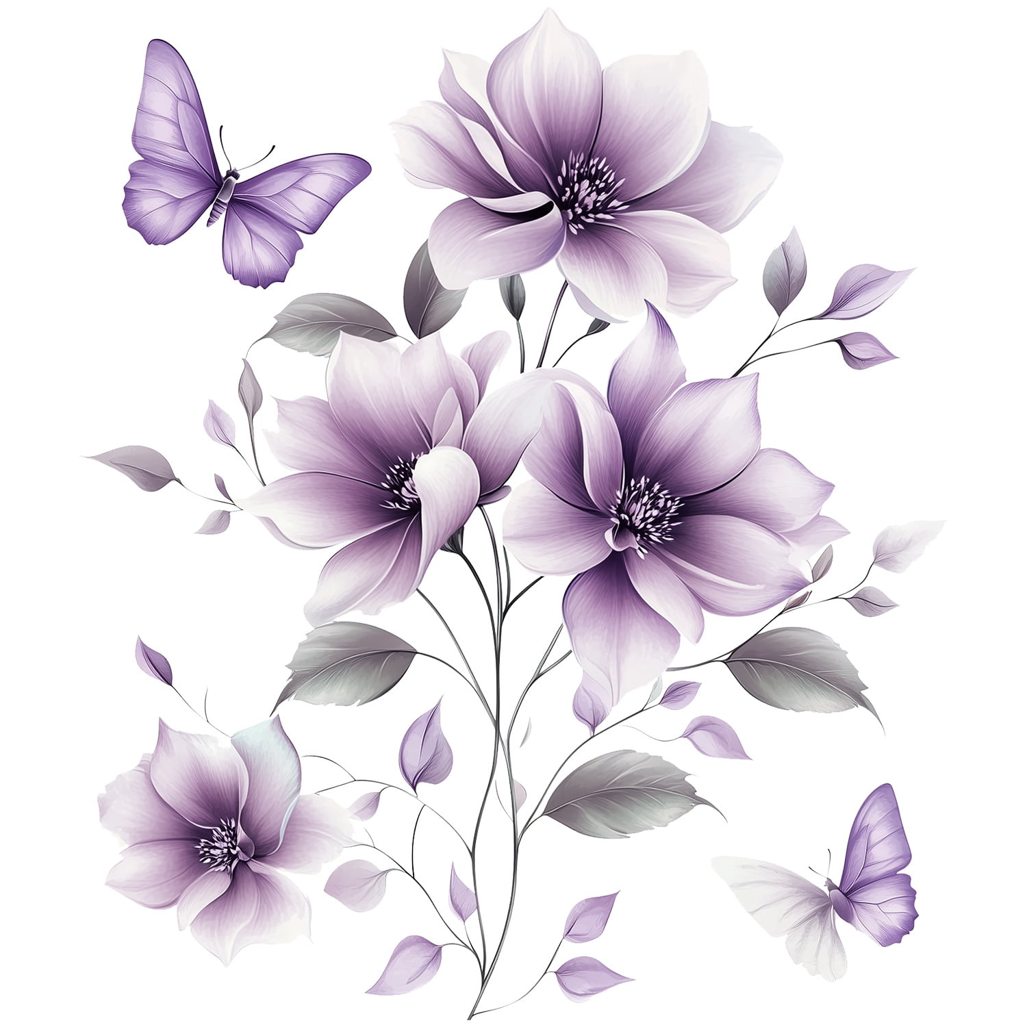 Wall Stickers Purple Flowers Butterfly Decals Living Room Bedroom ...