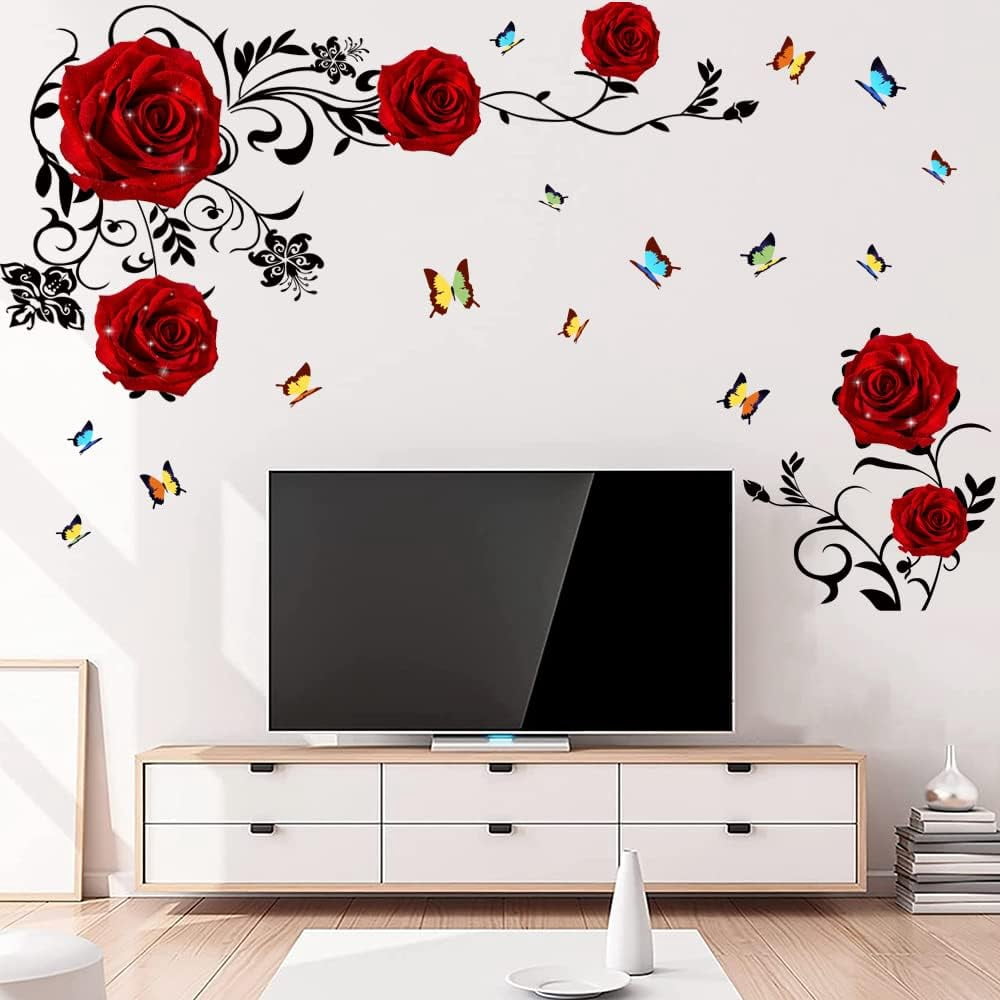 Wall Stickers Rose Flower Vine Wall Decal Purple Peony Floral Wall ...