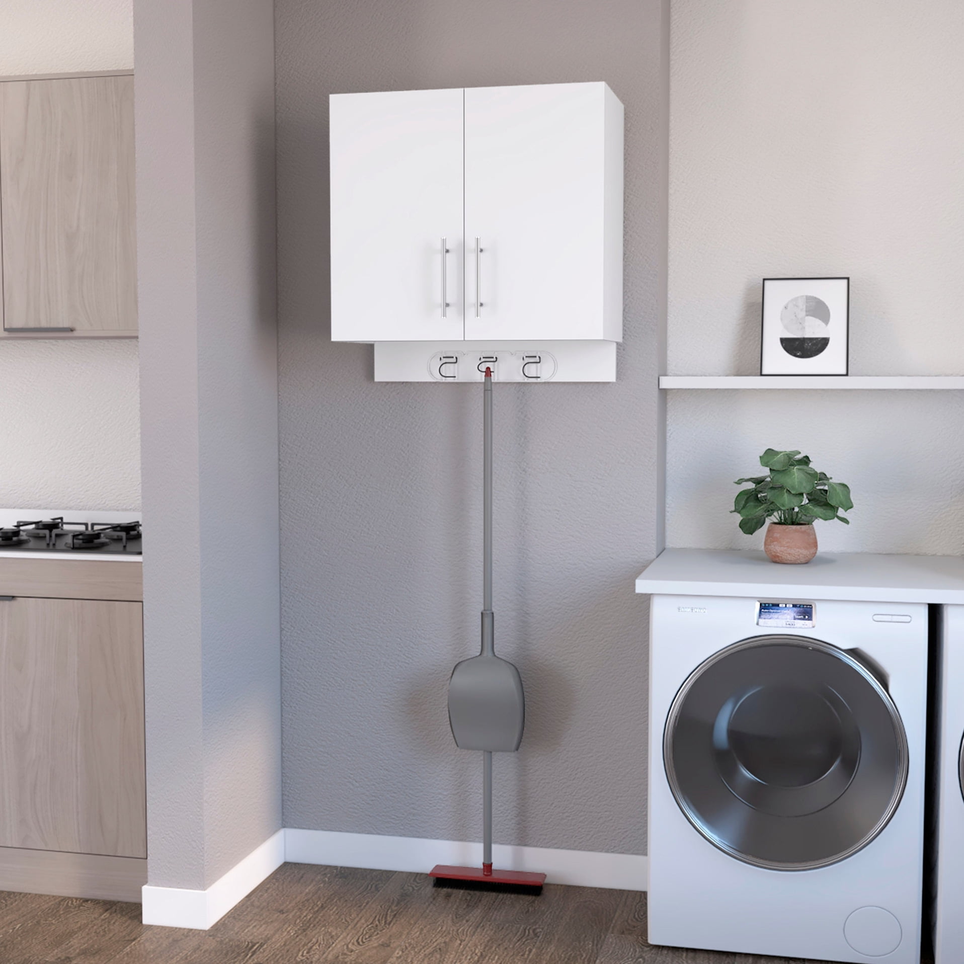 Wall Storage - Space Saver Cabinet With Broom Hangers, White, 26.16"w X ...