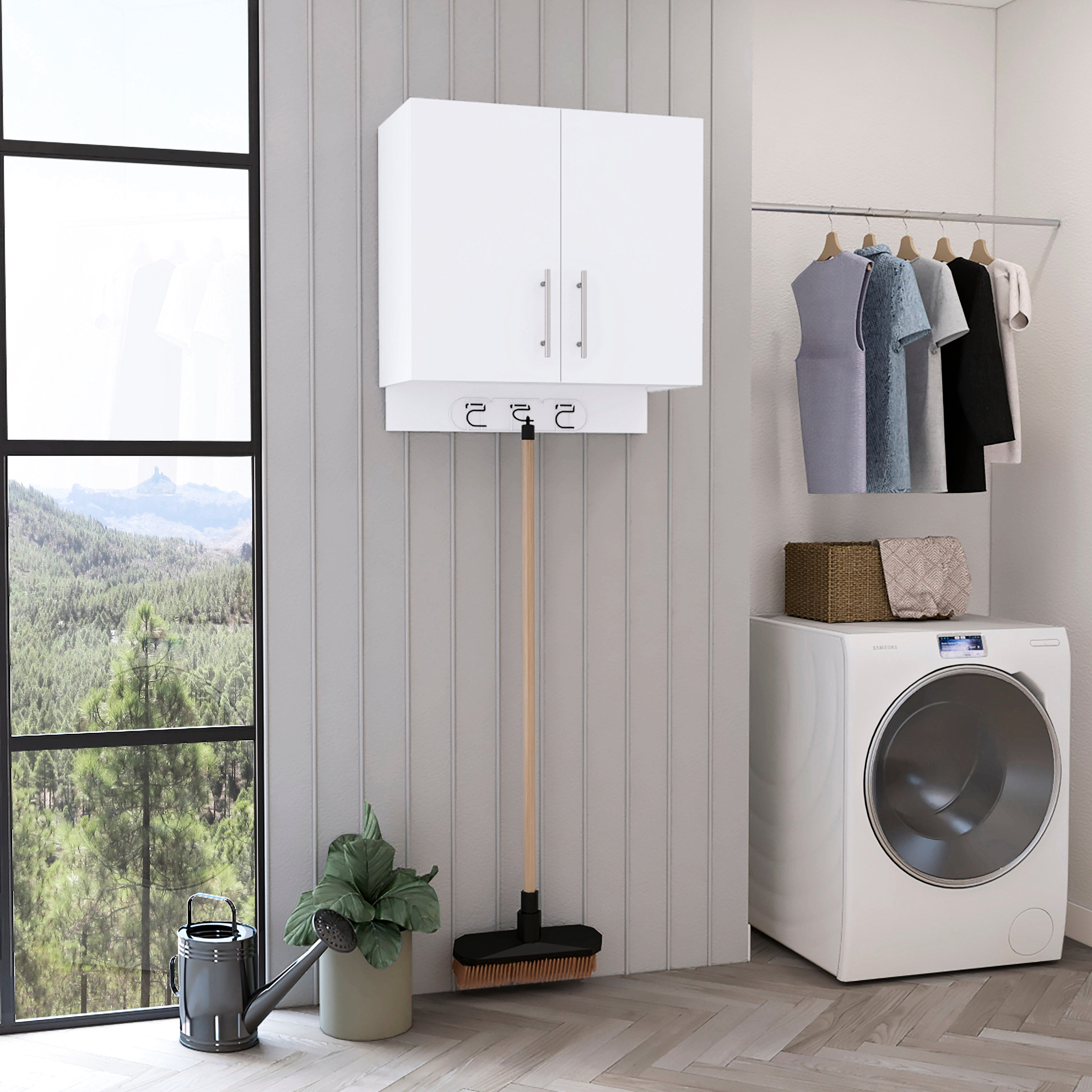 Wall Storage Unit - White, 2 Doors & Broom Hangers, Modern Dining Room ...