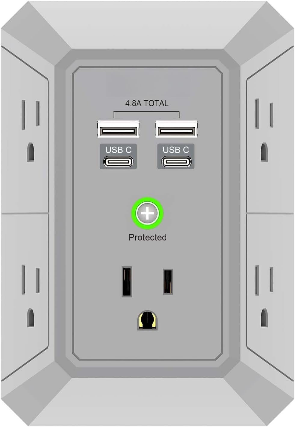 Wall , Surge Protector, 5 Outlet Extender with 4 Ports (4.8A Total) 3 ...
