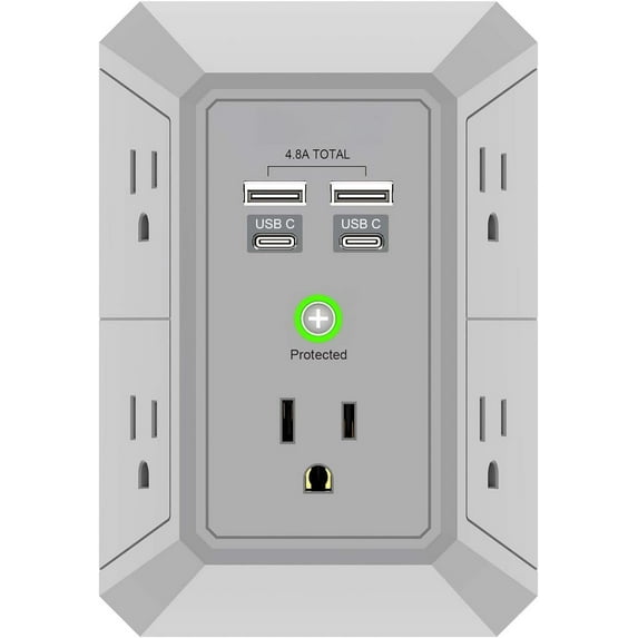 Wall , Surge Protector, 5 Outlet Extender with 4 Ports (4.8A Total) 3 ...