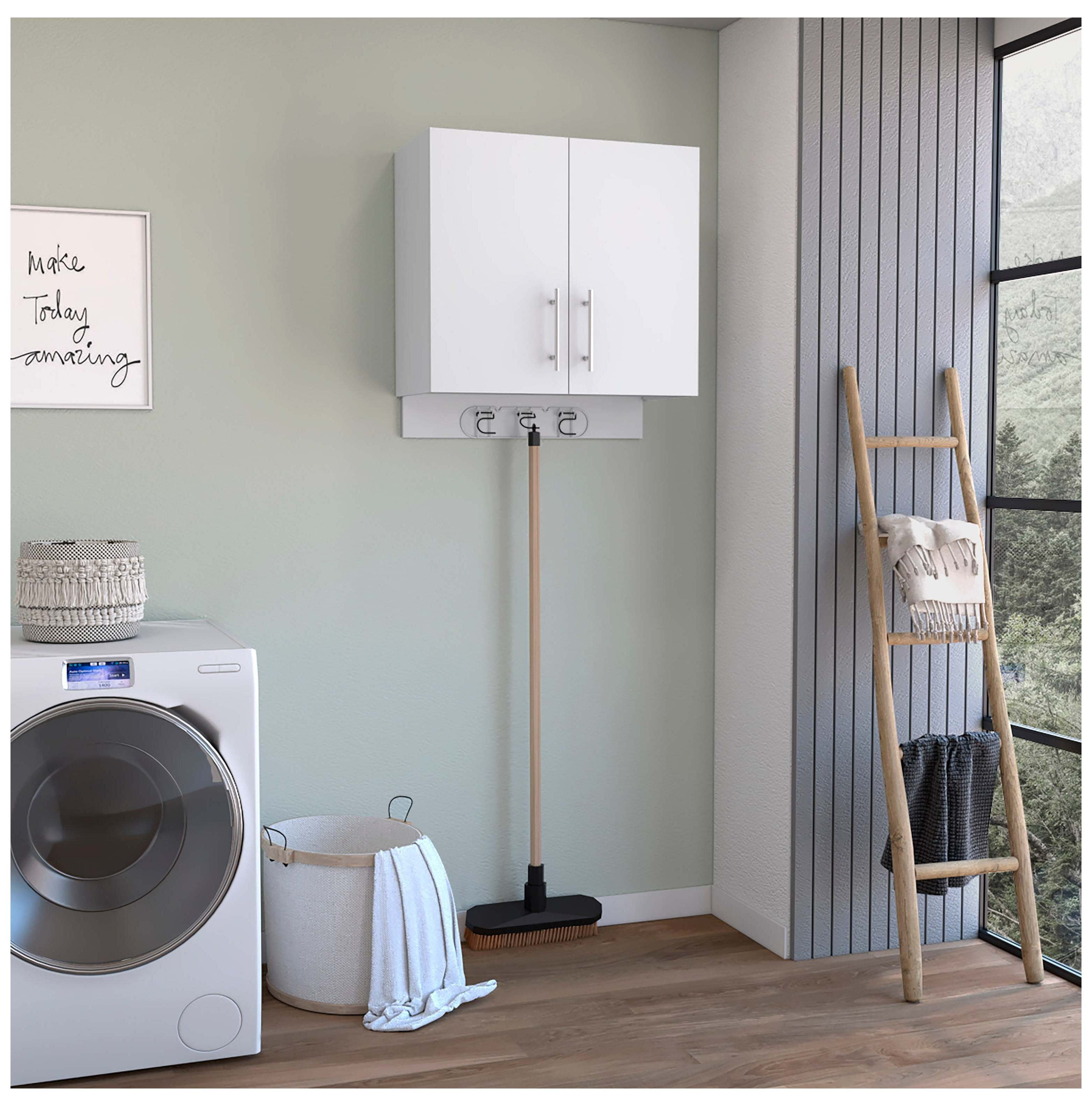 Wall cabinet 27" H, three broom hangers and metal handles, two internal ...