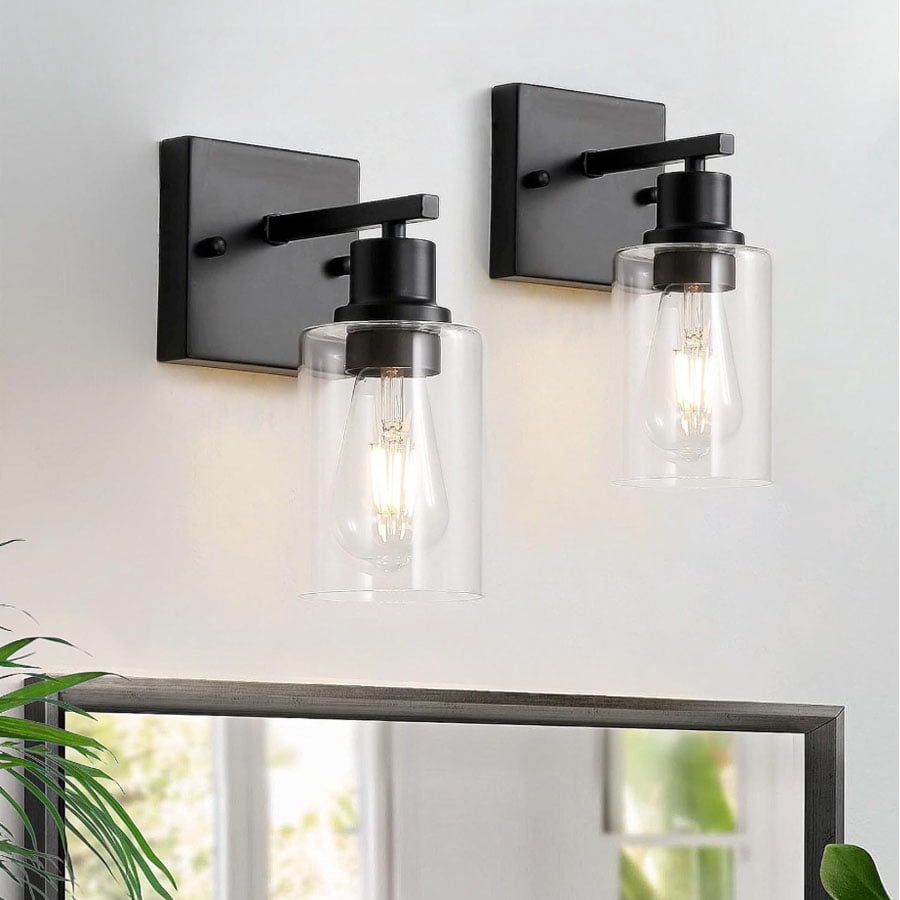 Wall lamp, bathroom with 2 matte black vanity table lamps, indoor with ...