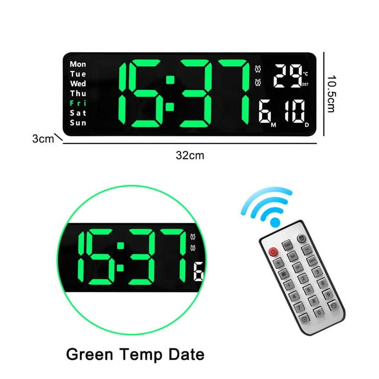 Wall-mounted Digital Wall Clock Remote Control Temp Date Week Display Power Off Memory Table ...
