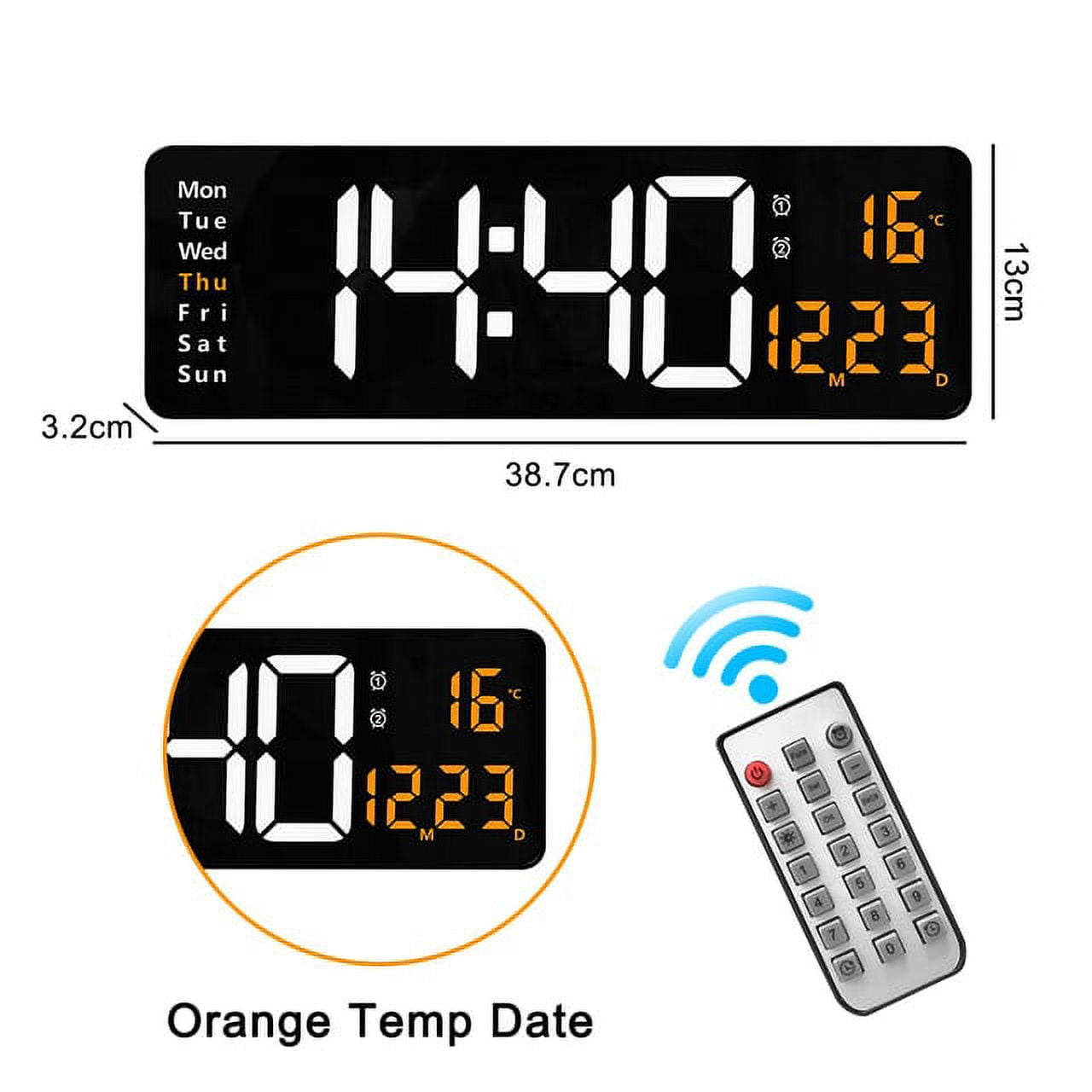Wall-mounted Digital Wall Clock Remote Control Temp Date Week Display ...