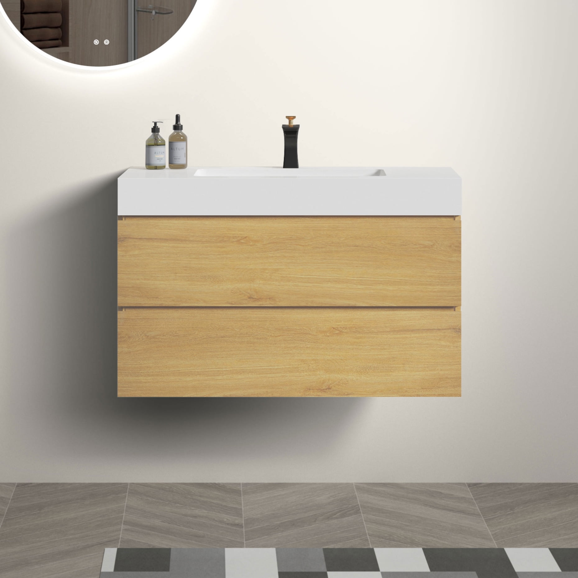 Wall-mounted Floating Bathroom Sink Set with Integrated Basin and 2 Wooden Drawers, Modern Open ...