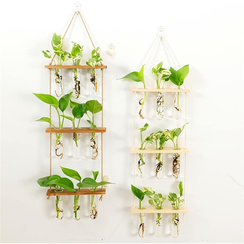 Wall-mounted planter box with wooden stand, two-tiered test tube vases ...