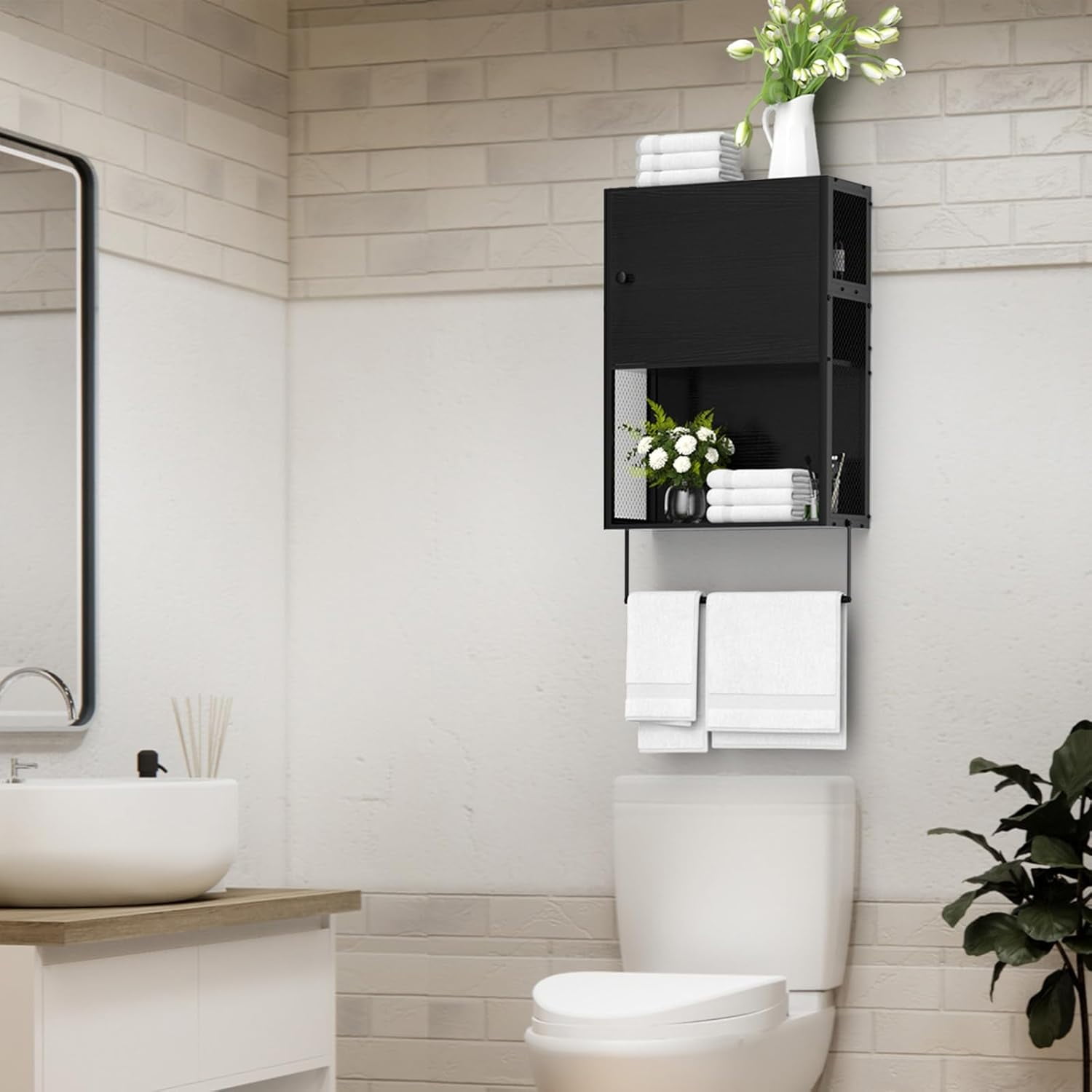 Wall-mounted three-tier bathroom cabinet with doors and towel bar ...
