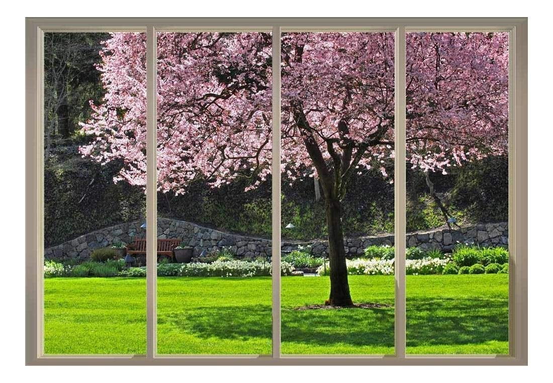 Wall26 - Pink Cherry Blossom Tree on a Japanese Garden with a Bench at ...