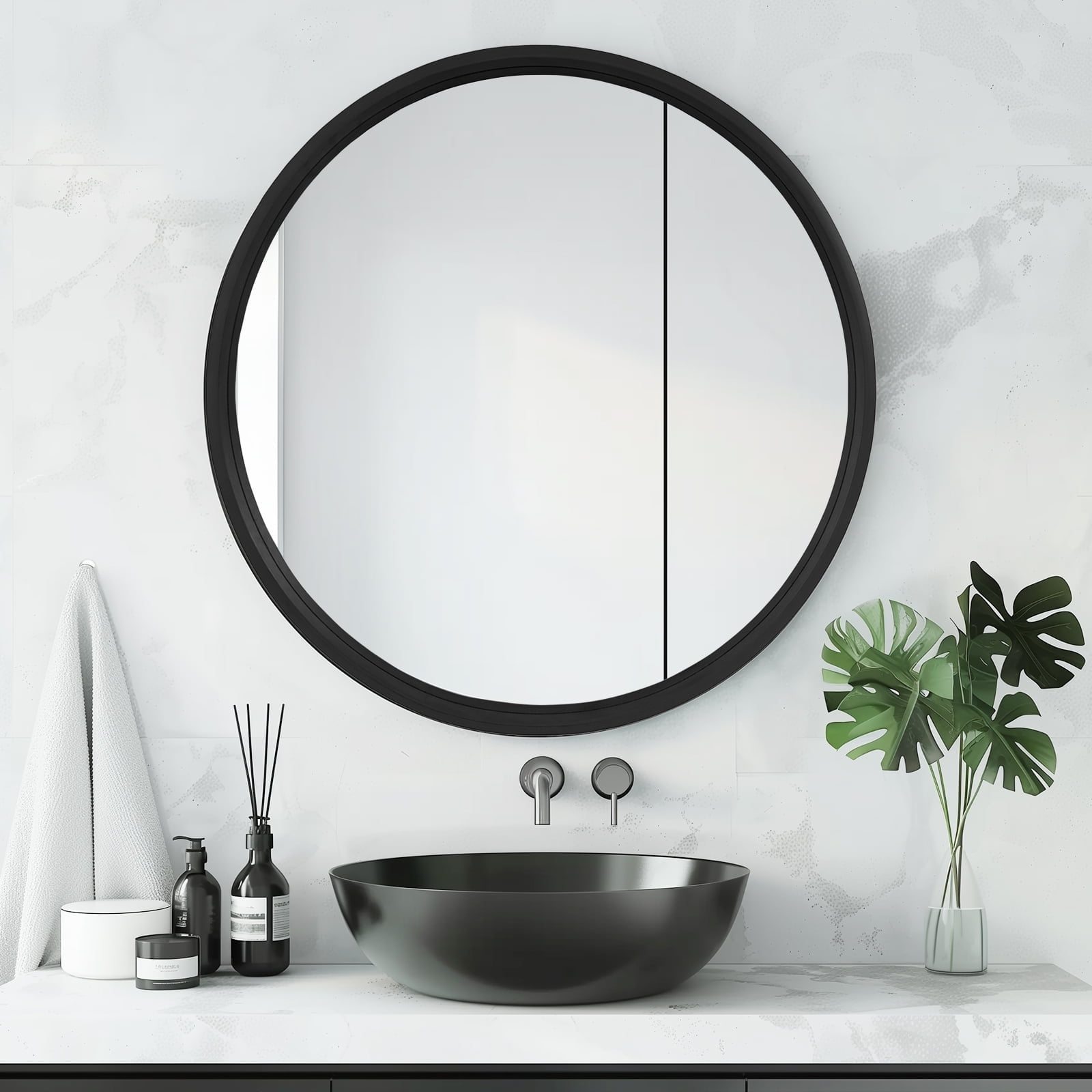 WallBeyond 24 inch Black Wood Frame Round Bathroom Vanity Mirror, Home Decor Wall Mirror ...
