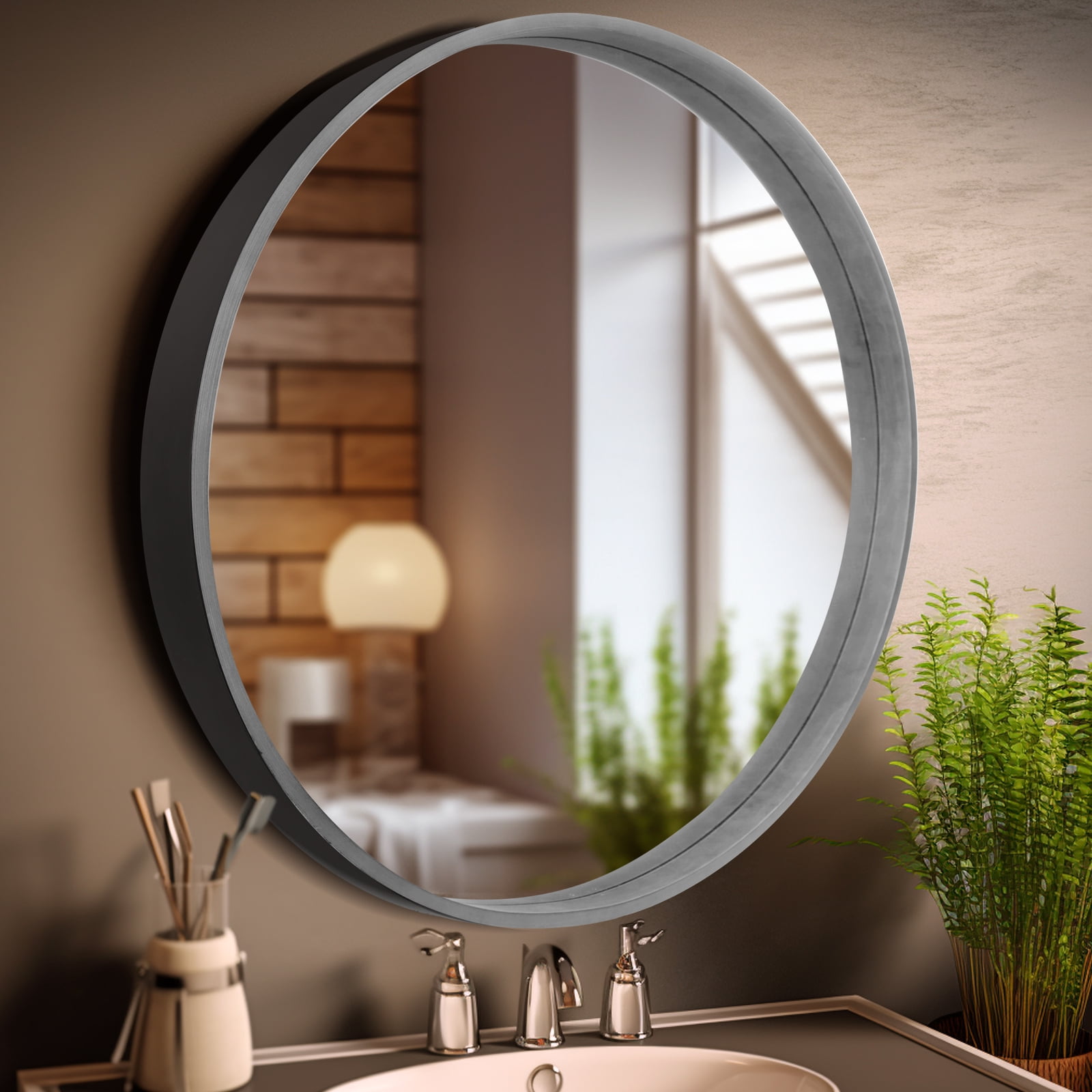 WallBeyond 24 inch Gray Wood Frame Round Bathroom Vanity Mirror, Home Decor Wall Mirror ...