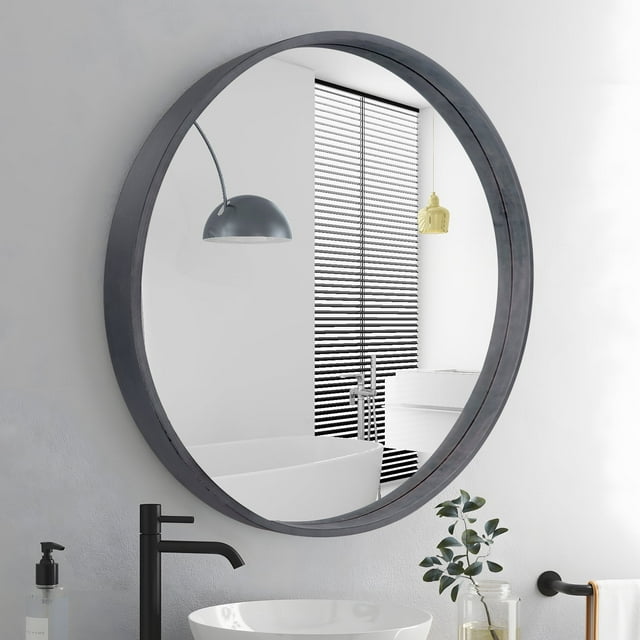 "WallBeyond 24"" Round Bathroom Vanity Mirror, Gray Wood Frame, Home ...