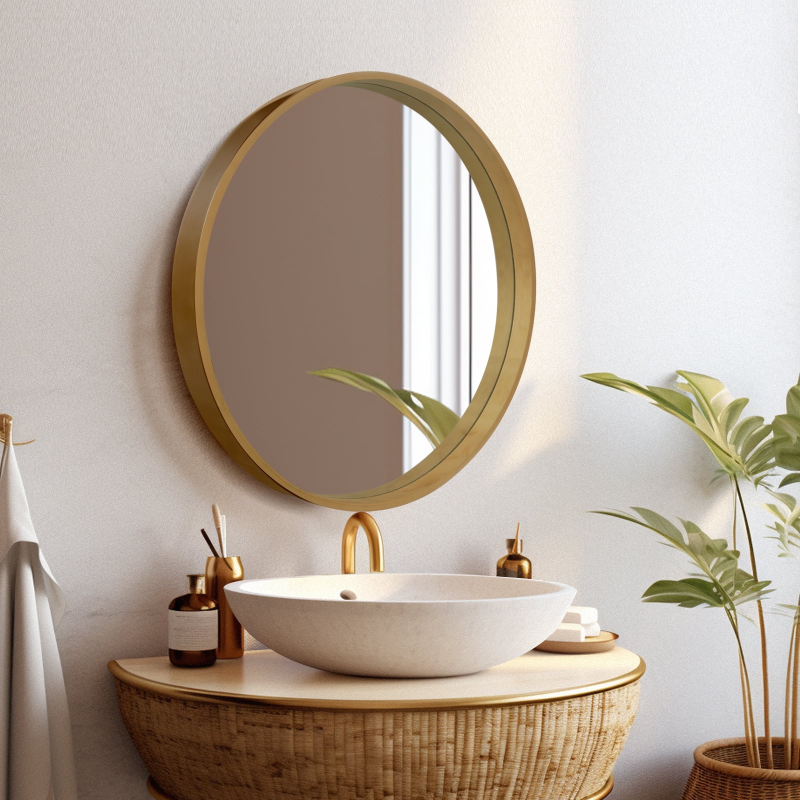WallBeyond 24 inch Wood Round Mirror, Modern Circle Wall Mirror for ...