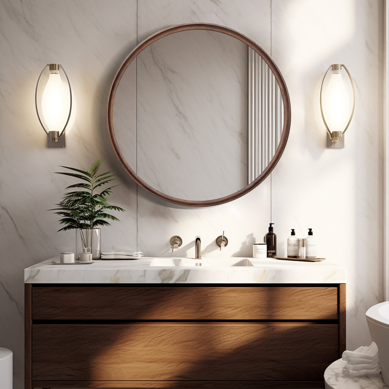 WallBeyond 26 inch Solid Real Wood Frame Round Wall Mirror for Bathroom ...