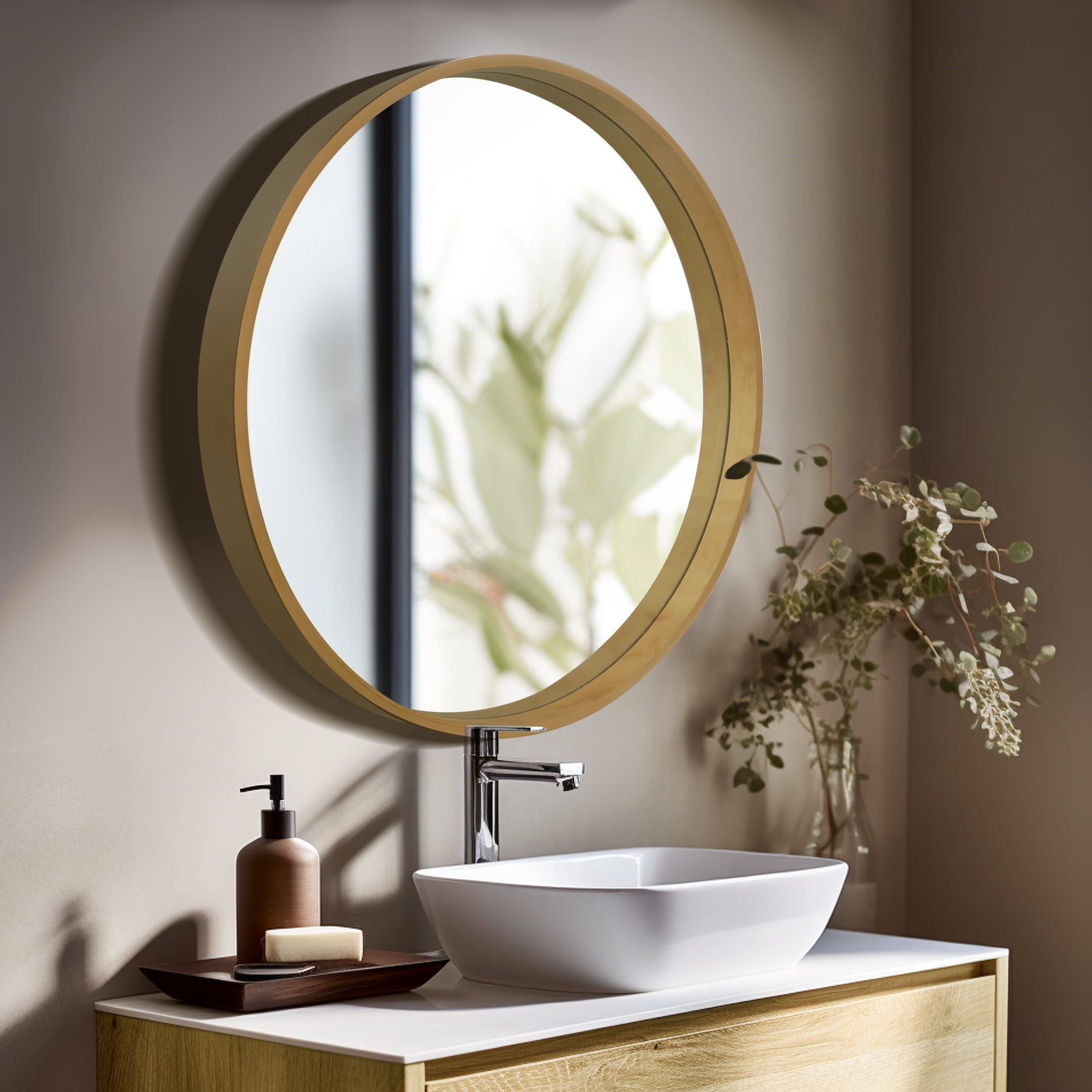 WallBeyond 28 inch Wood Frame Round Mirror, Decorative Circle Wall ...