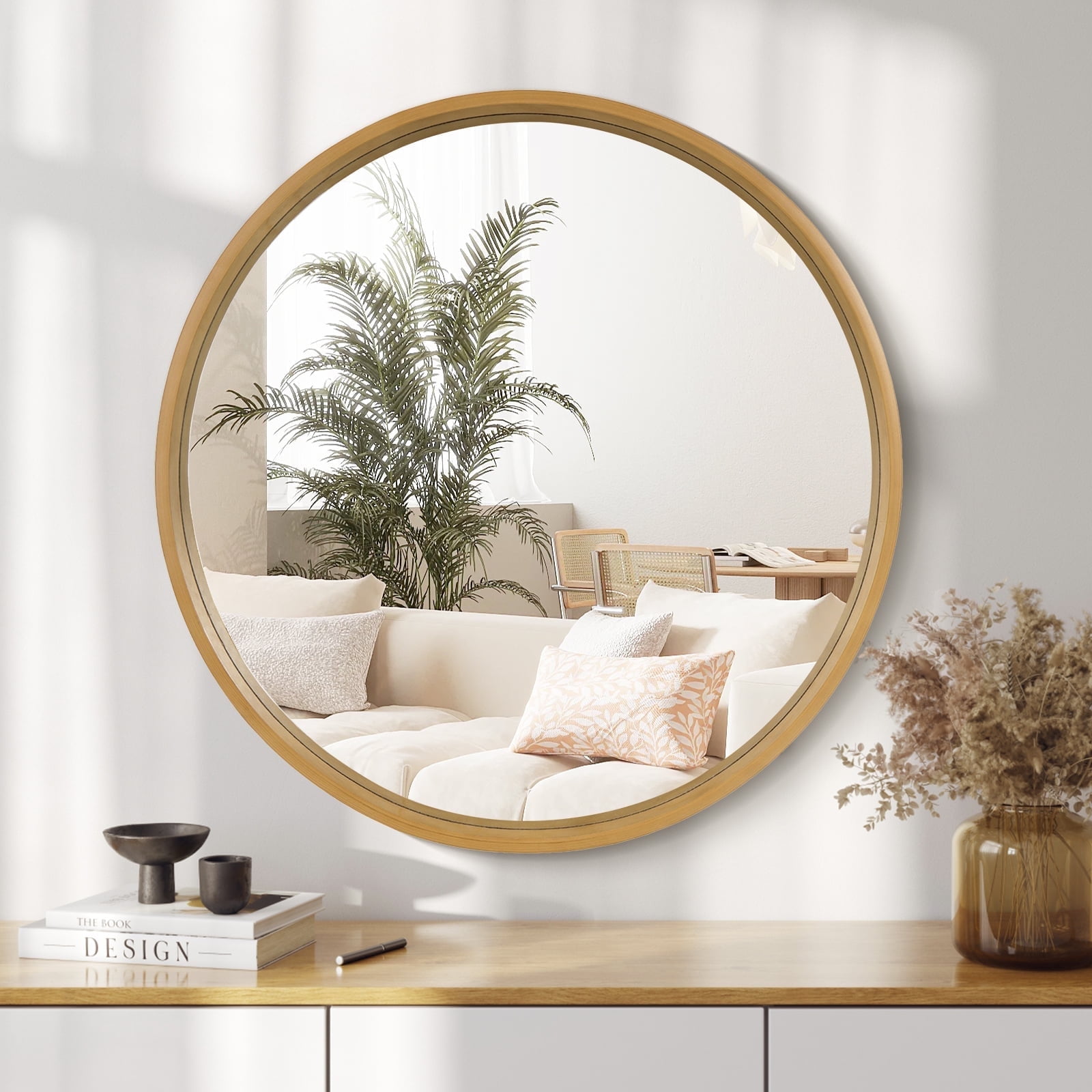 WallBeyond 28'' Natural Wood Round Mirror, Decorative Vanity Bathroom ...