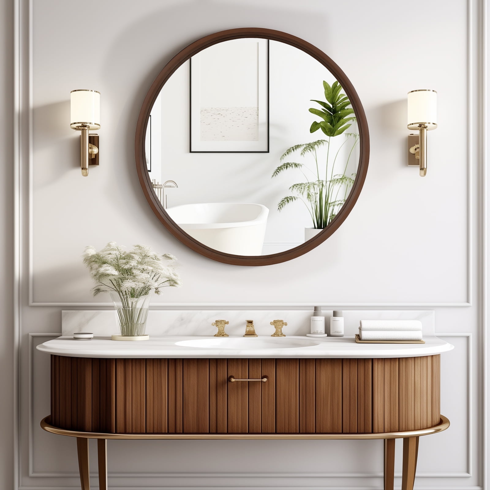 "WallBeyond 28"" Round Bathroom Mirror with Walnut Wood Frame, Ideal ...