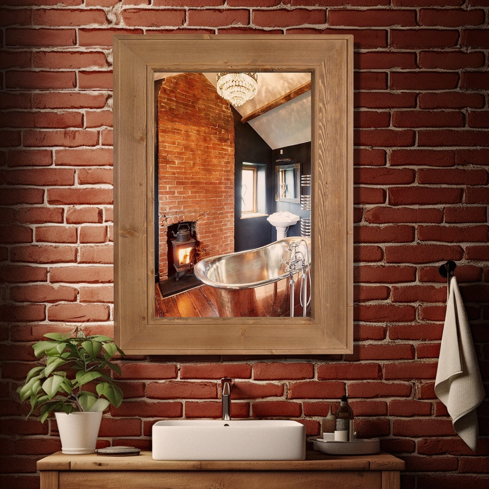 WallBeyond 30"×40" Rectangular Rustic Wood Mirror for Bathroom ...