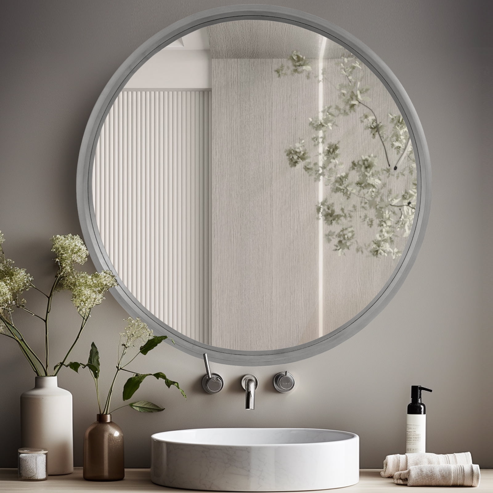 WallBeyond 32 inch Wood Frame Round Bathroom Wall Mirror, Decorative Mirror for Living room ...