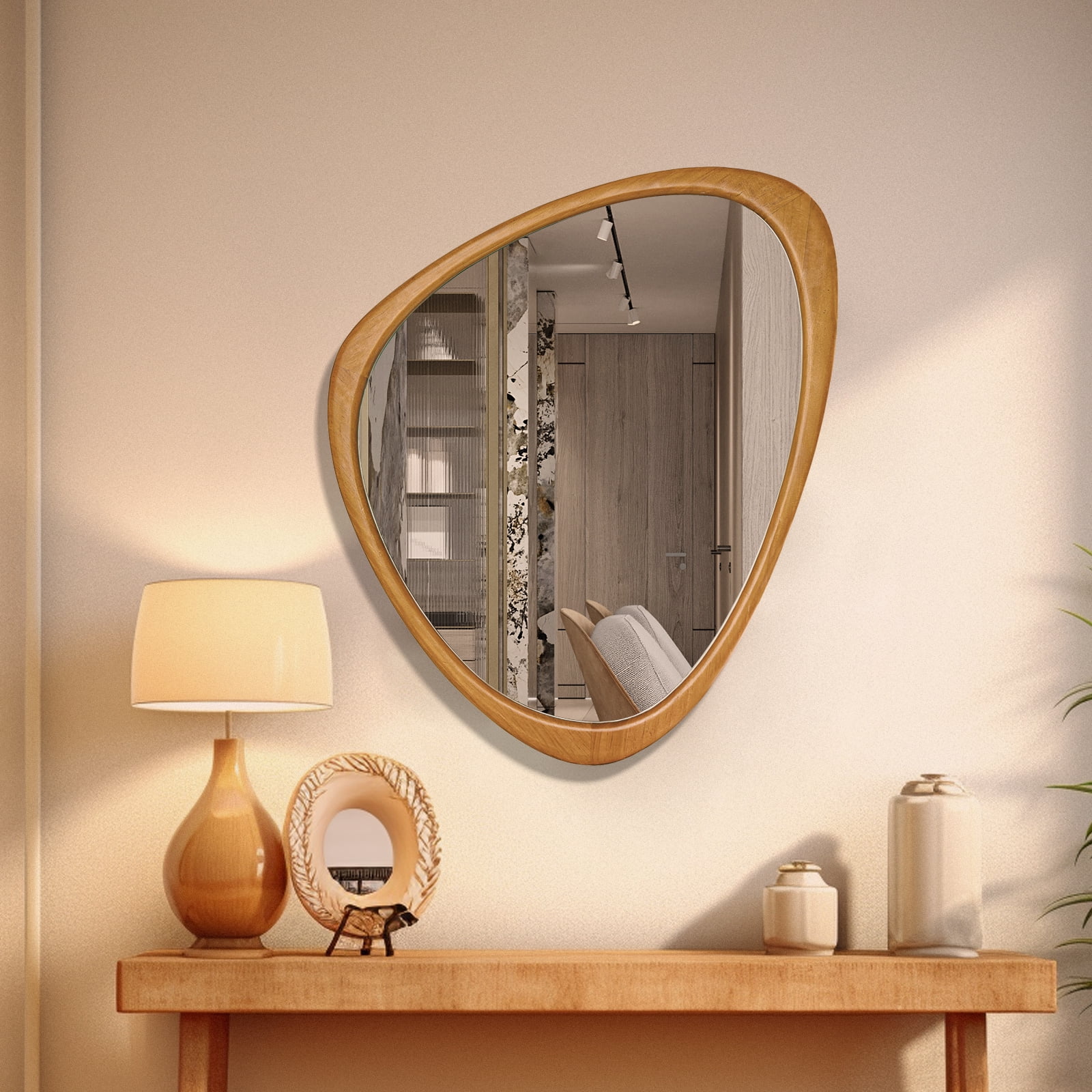 WallBeyond Irregular Natural Wood Frame Wall Mirror for Bathroom ...