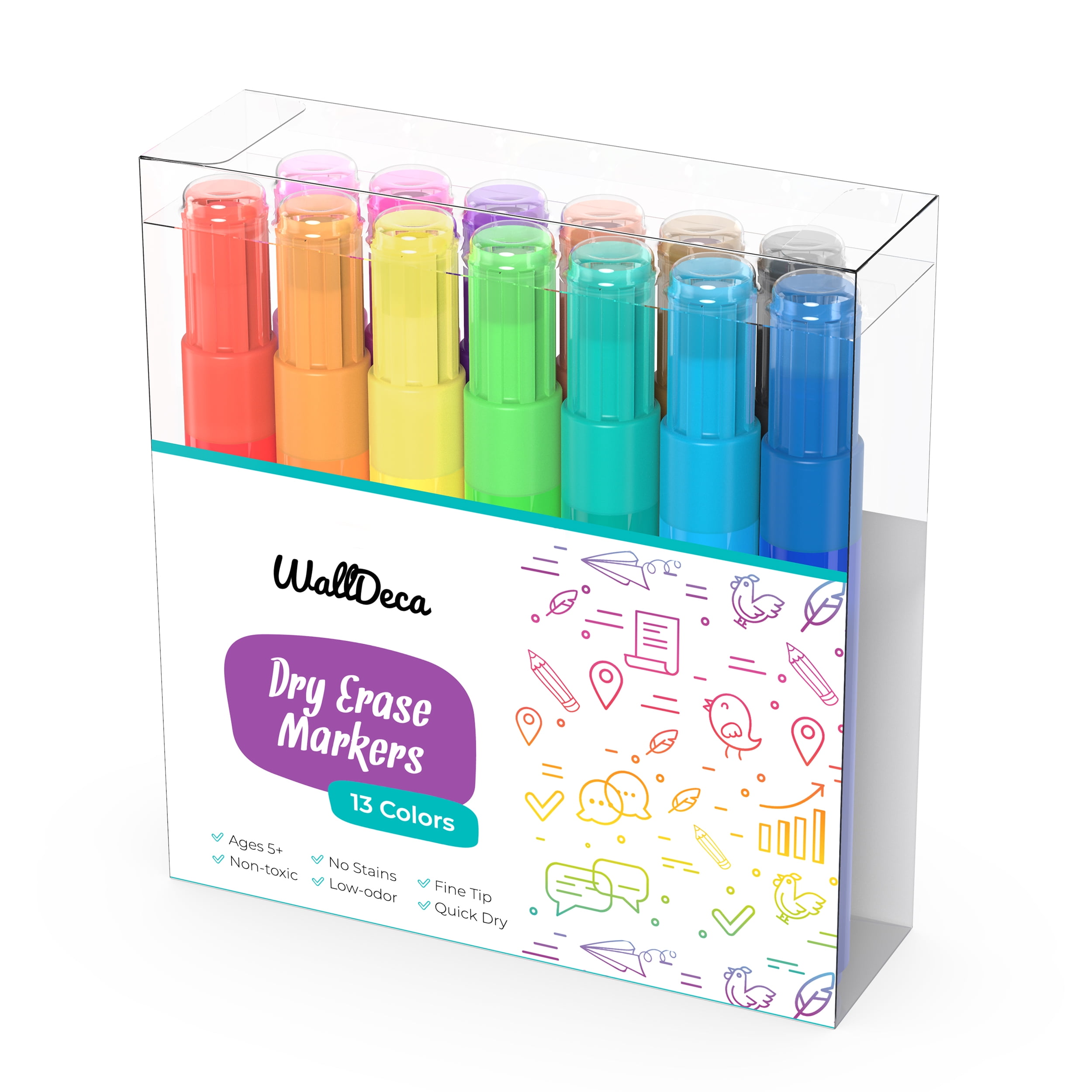 WallDeca Dry-Erase Thick Fine Line Markers, 13 Assorted Colors, (13 ...