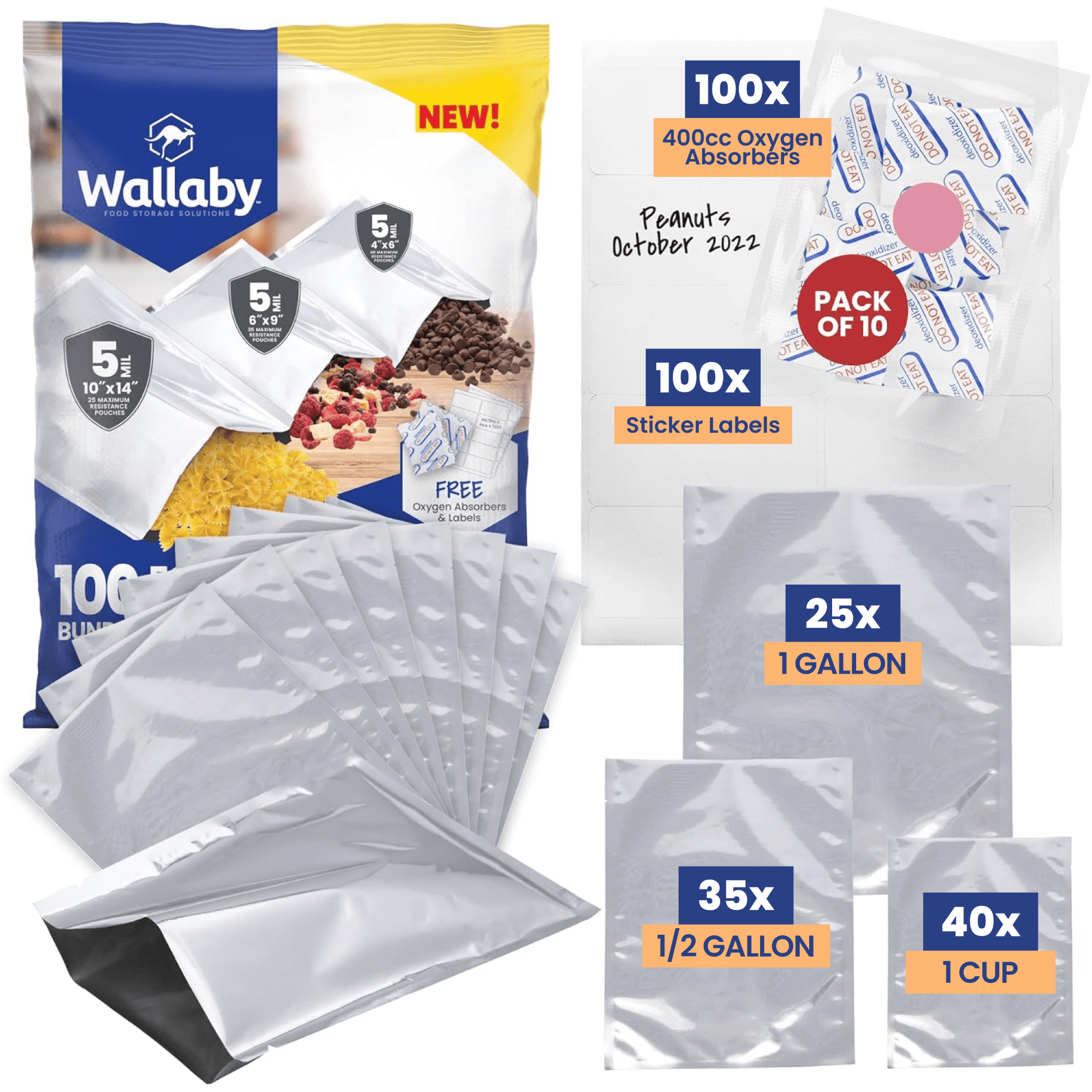 Wallaby 100 Count Mylar Bag Bundle Multi-Size Flat 5Mil Pouches, 100x ...