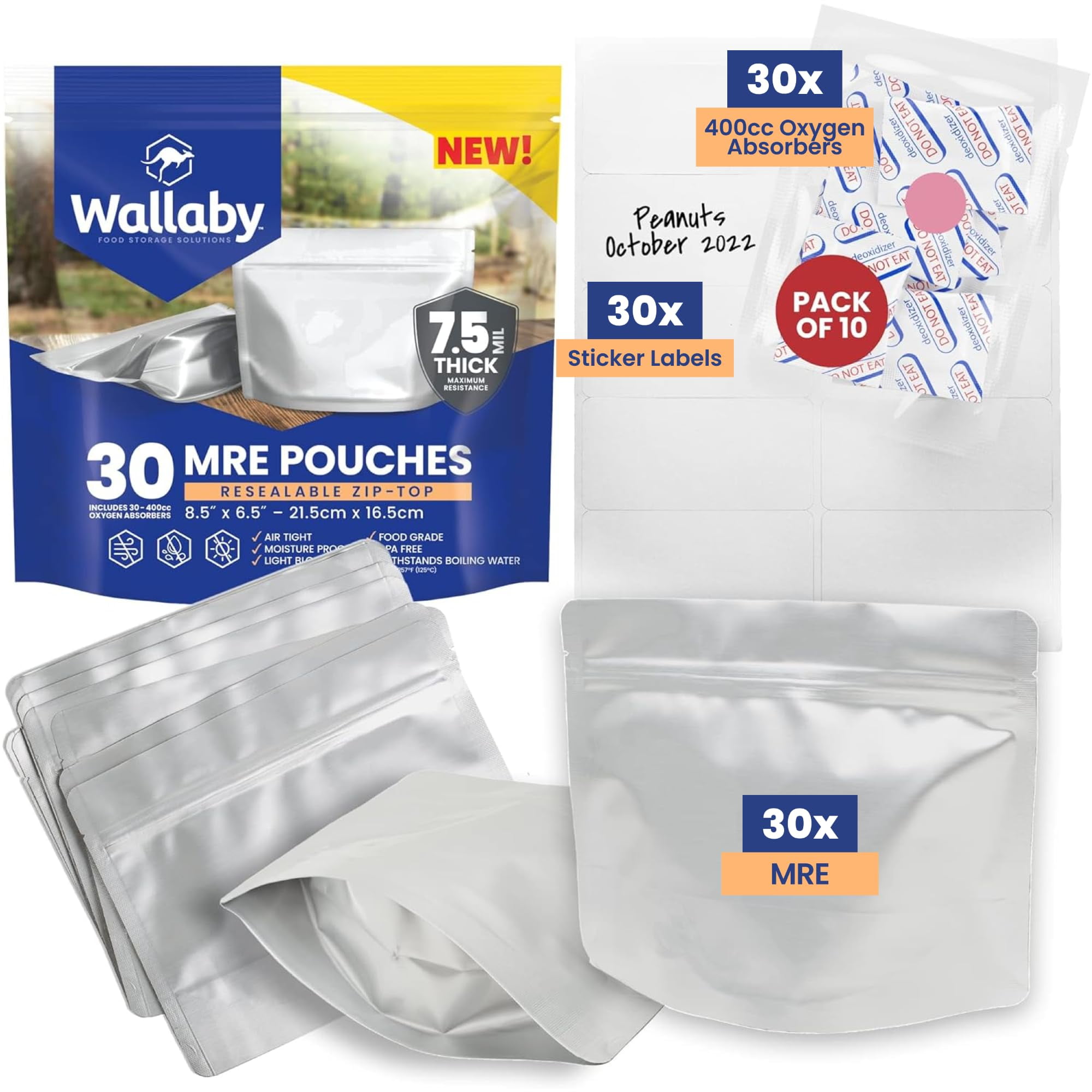 Wallaby 30 Count MRE Mylar Bags with 400cc Oxygen Absorbers, 15 Mil Total Thicker Long-Term Food ...