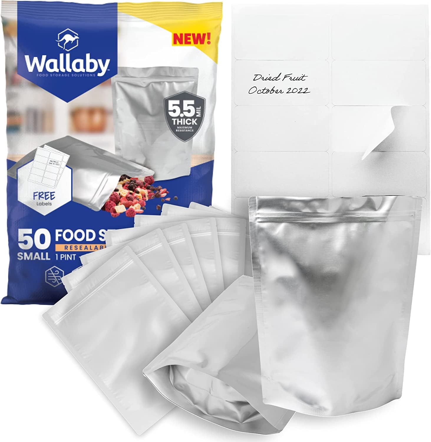 50 Count 1-Pint Gusset Mylar Bags with Labels, 11 Mil Total Thickness ...