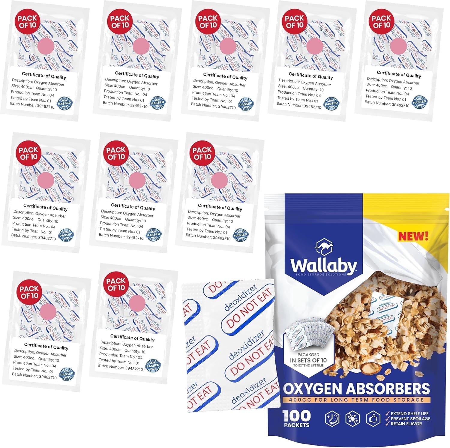 100 Wallaby 400cc Oxygen Absorbers - Vacuum Sealed in Ten Packs - Food ...