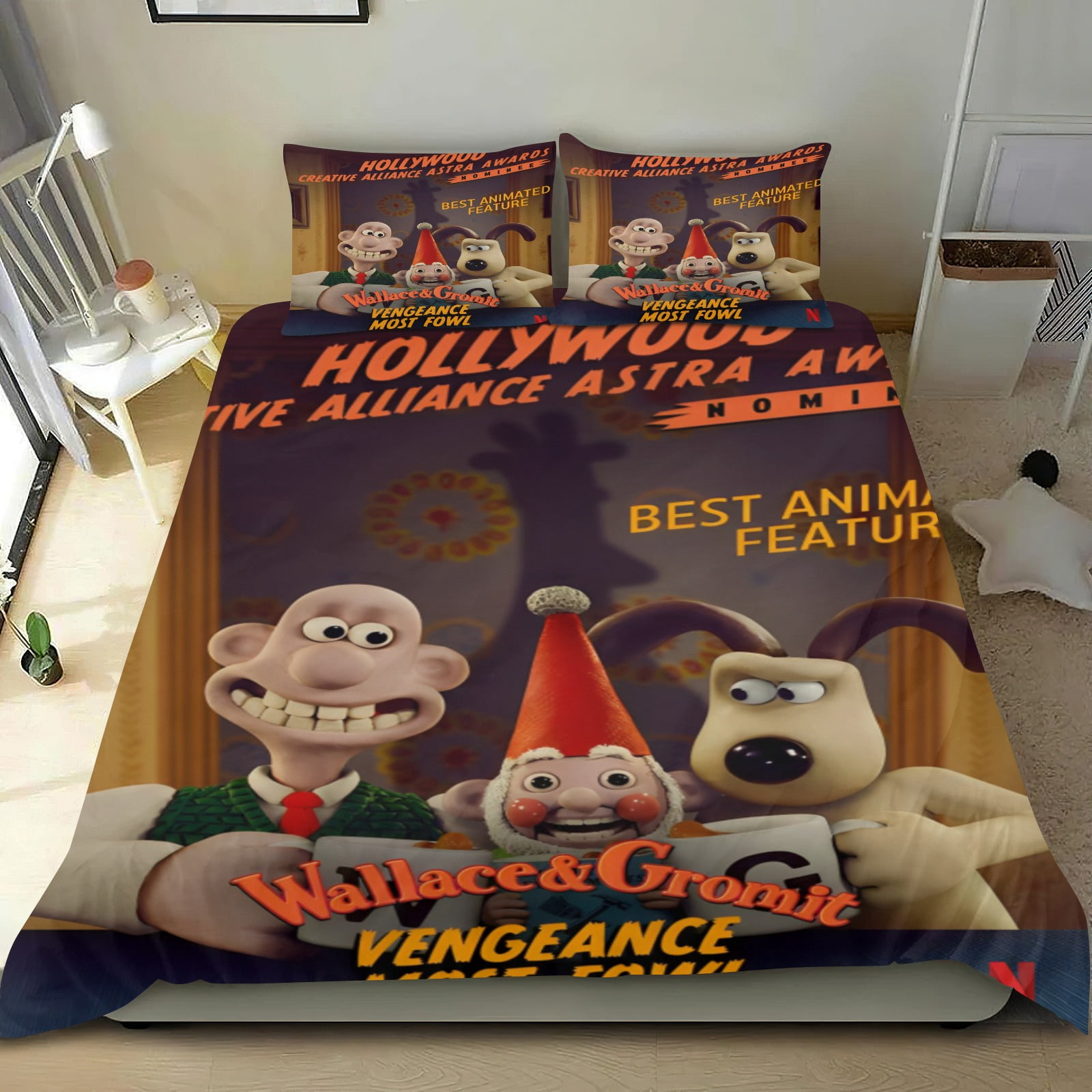 Wallace & Gromit Vengeance Most Fowl thin bedding set has One duvet cover and two pillowcases ...