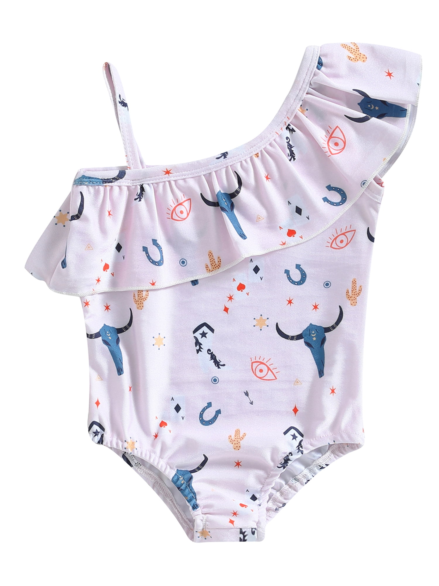 Wallarenear Western Baby Girl Swimsuit Cow Print One Shoulder Ruffle ...